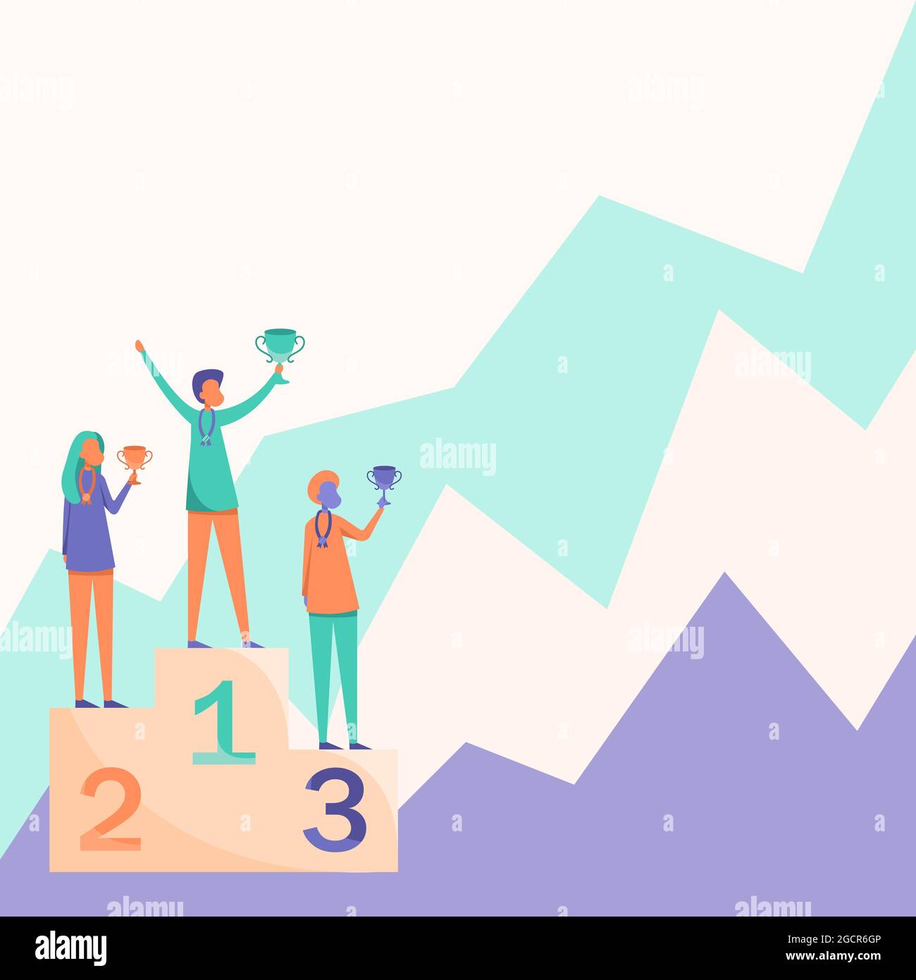 Three Competitors Drawing Standing On Podium Holding Trophies ...