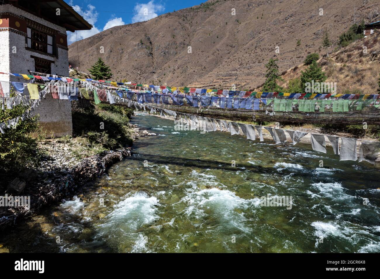 The Mountain landscape of Bhutan, the Paro Chu River beside the Paro ...