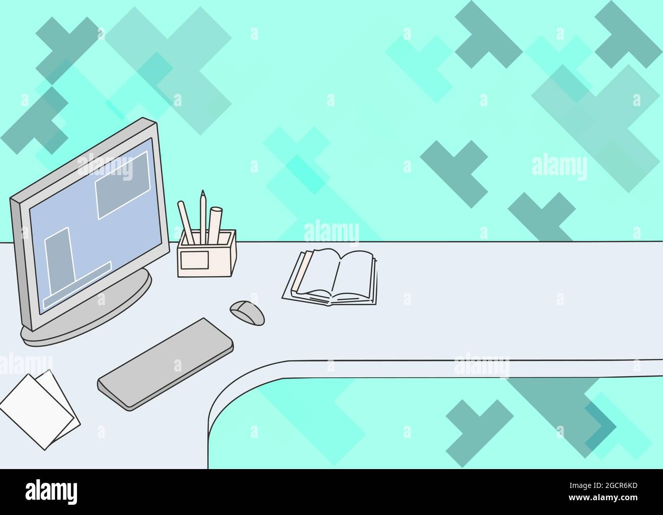 Office Desk Drawing With Computer Pen Holder And An Open Blank Notebook ...