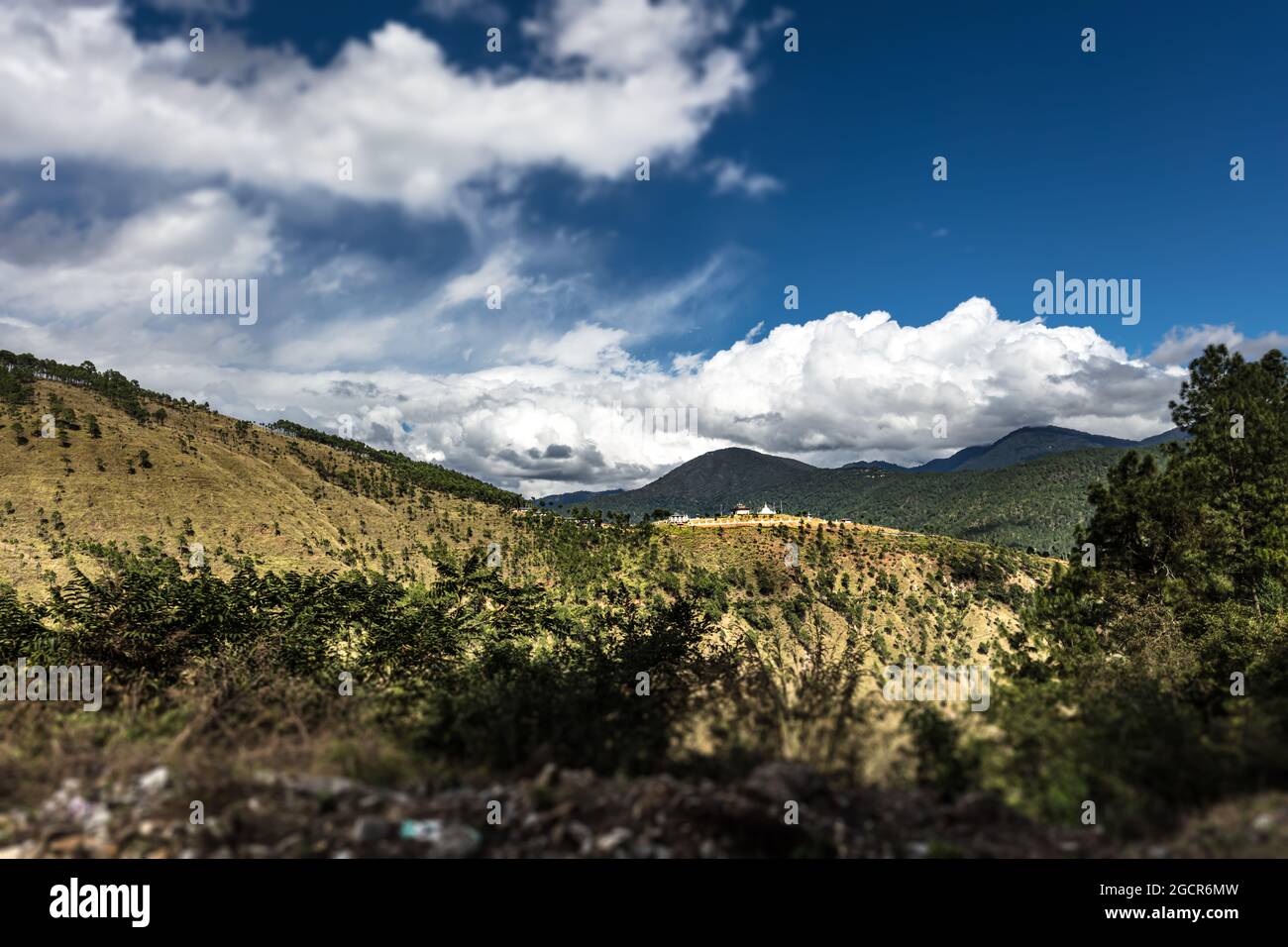 Scenic wide angle panorama view over the landscape of Bhutan, Himalaya ...