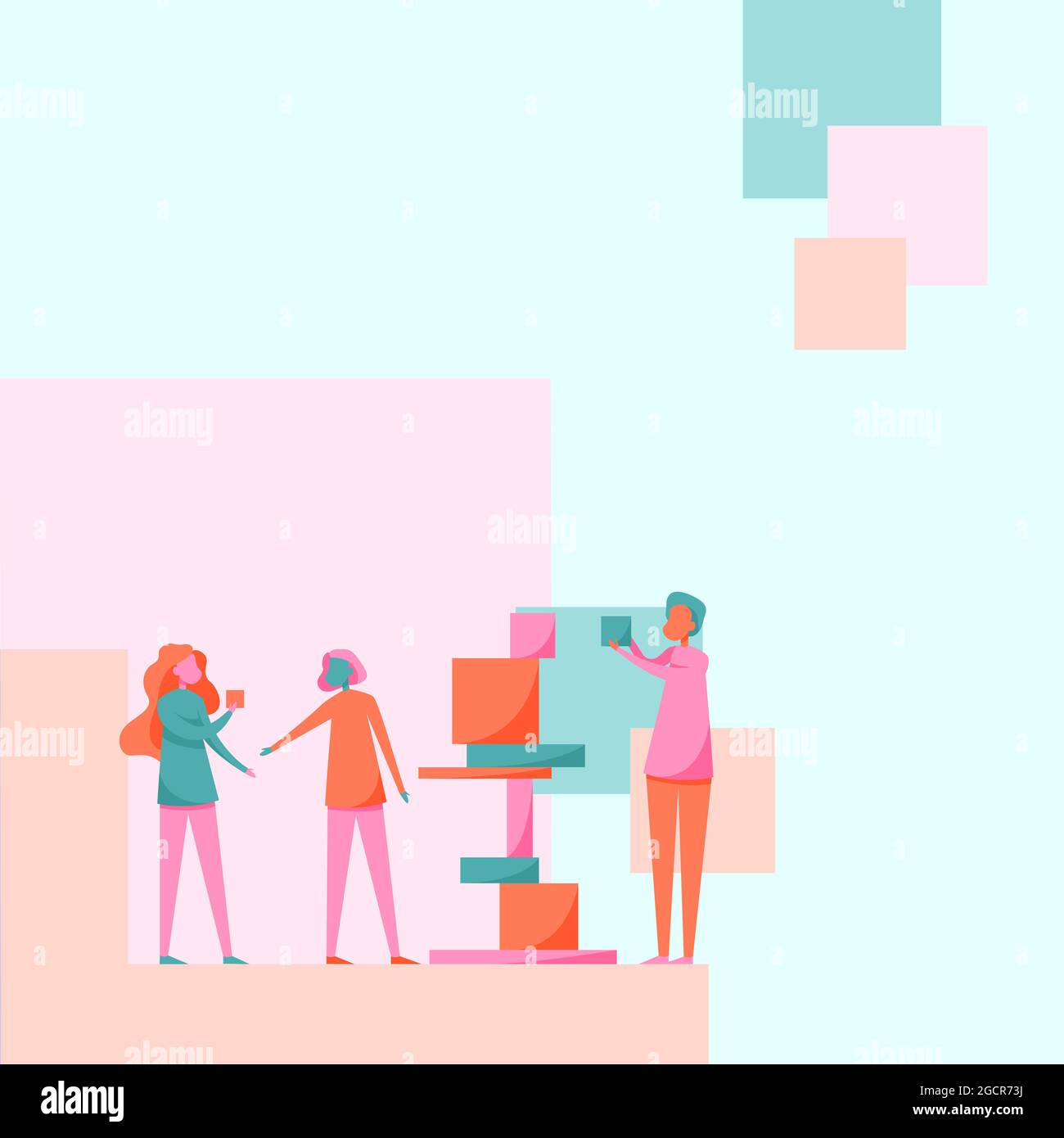 Three Colleagues Drawing Standing Helping Each Other With Building ...