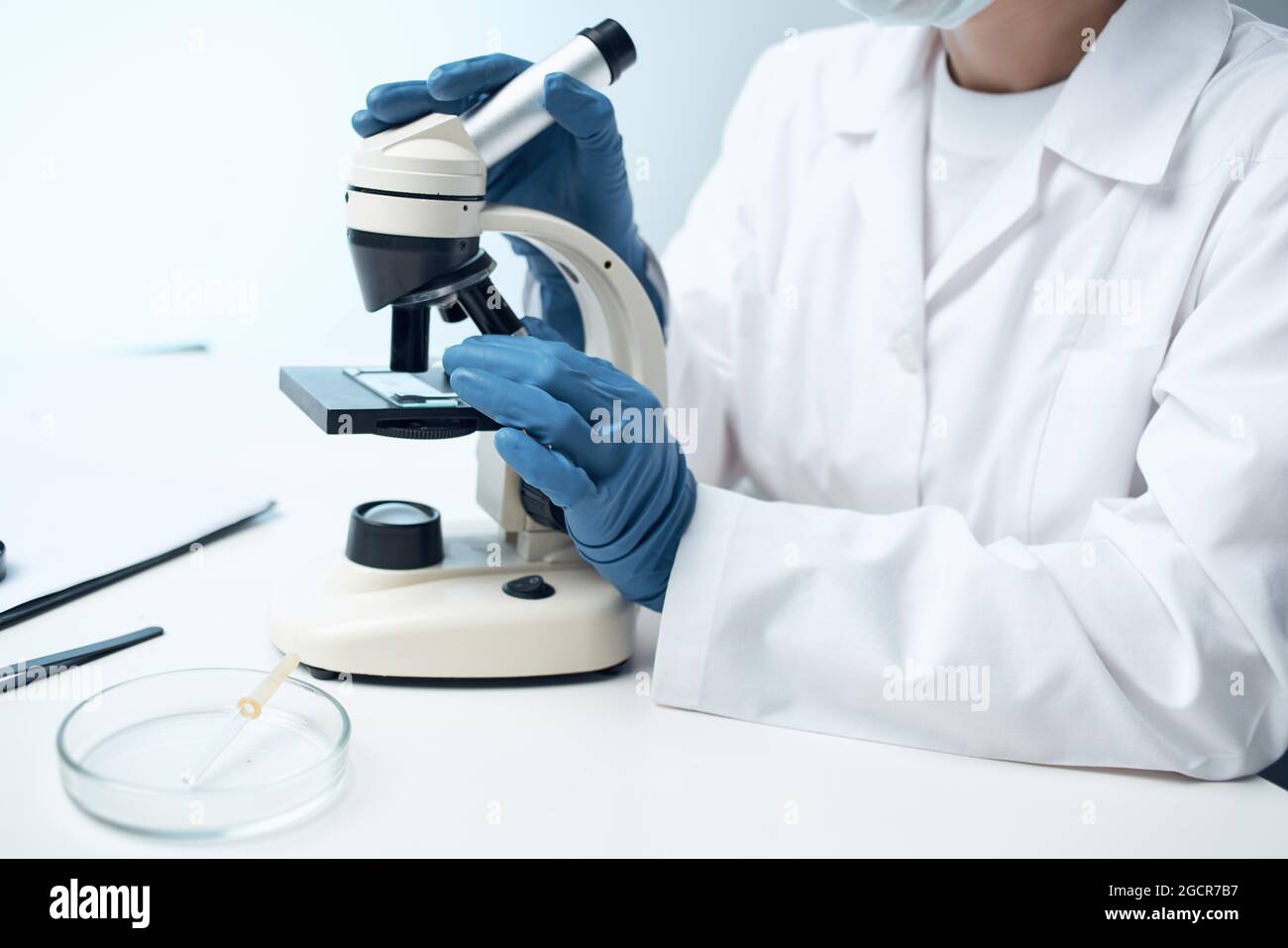 please white coat microscope science research closeup laboratory Stock ...