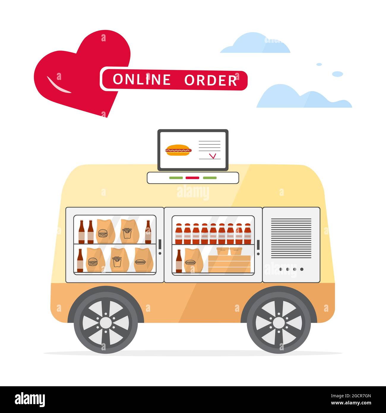 Vector illustration Fast food online order for delivery by self-driving ...
