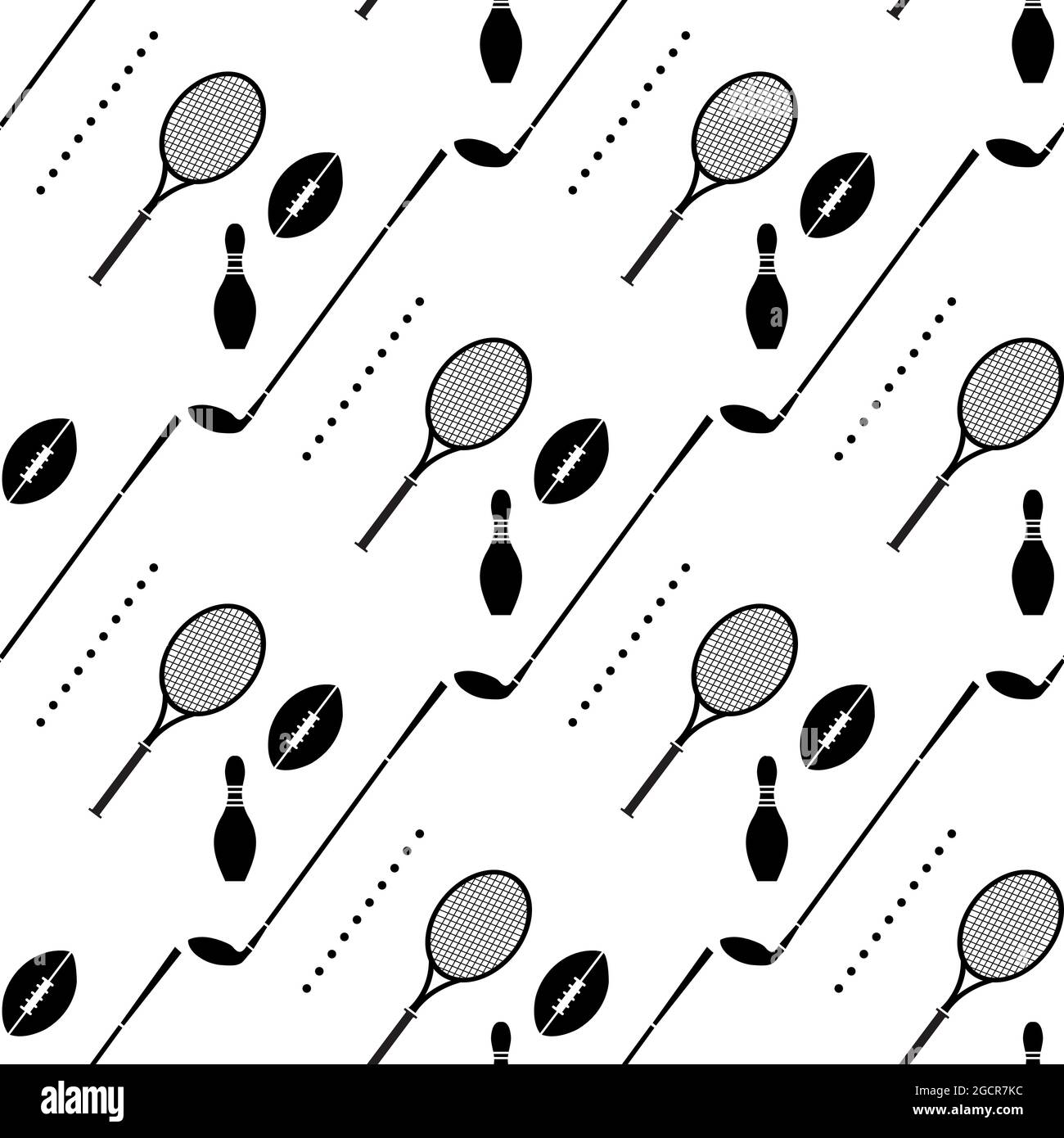 Vector seamless pattern with bowling pin, tennis racket, rugby ball ...