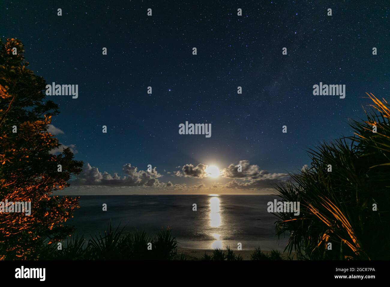 Moon rise at the beach of village of Yeppoon, Queensland, Australia. At ...