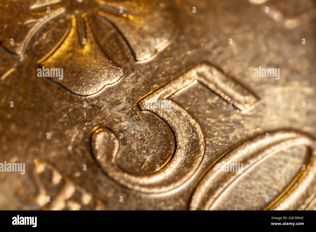 macro close up of 50 Malaysian ringgit cent. The bank negara fifty cent ...