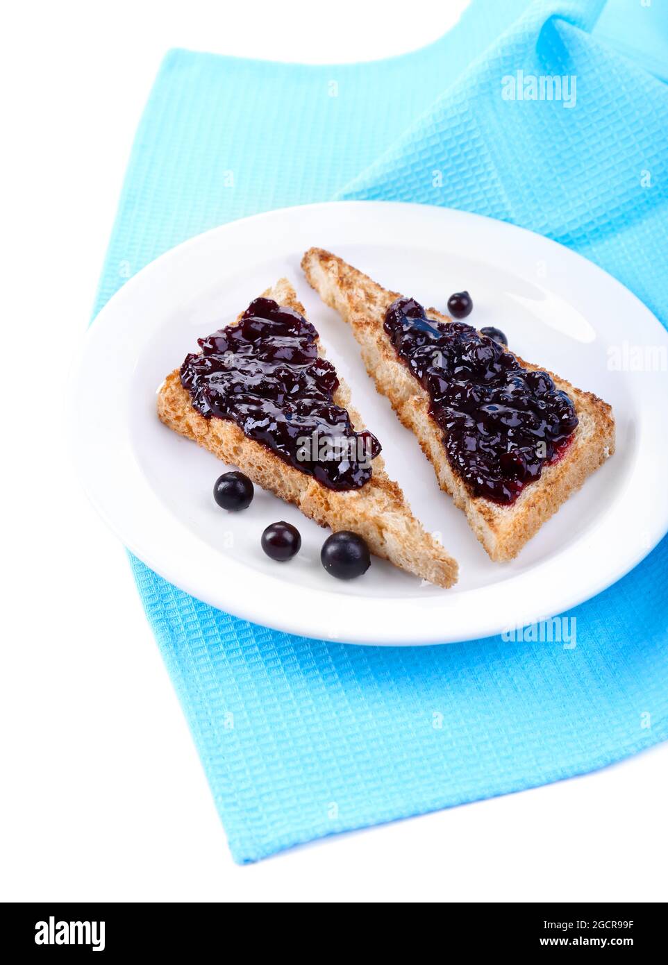 Delicious toast with jam on plate isolated on white Stock Photo - Alamy