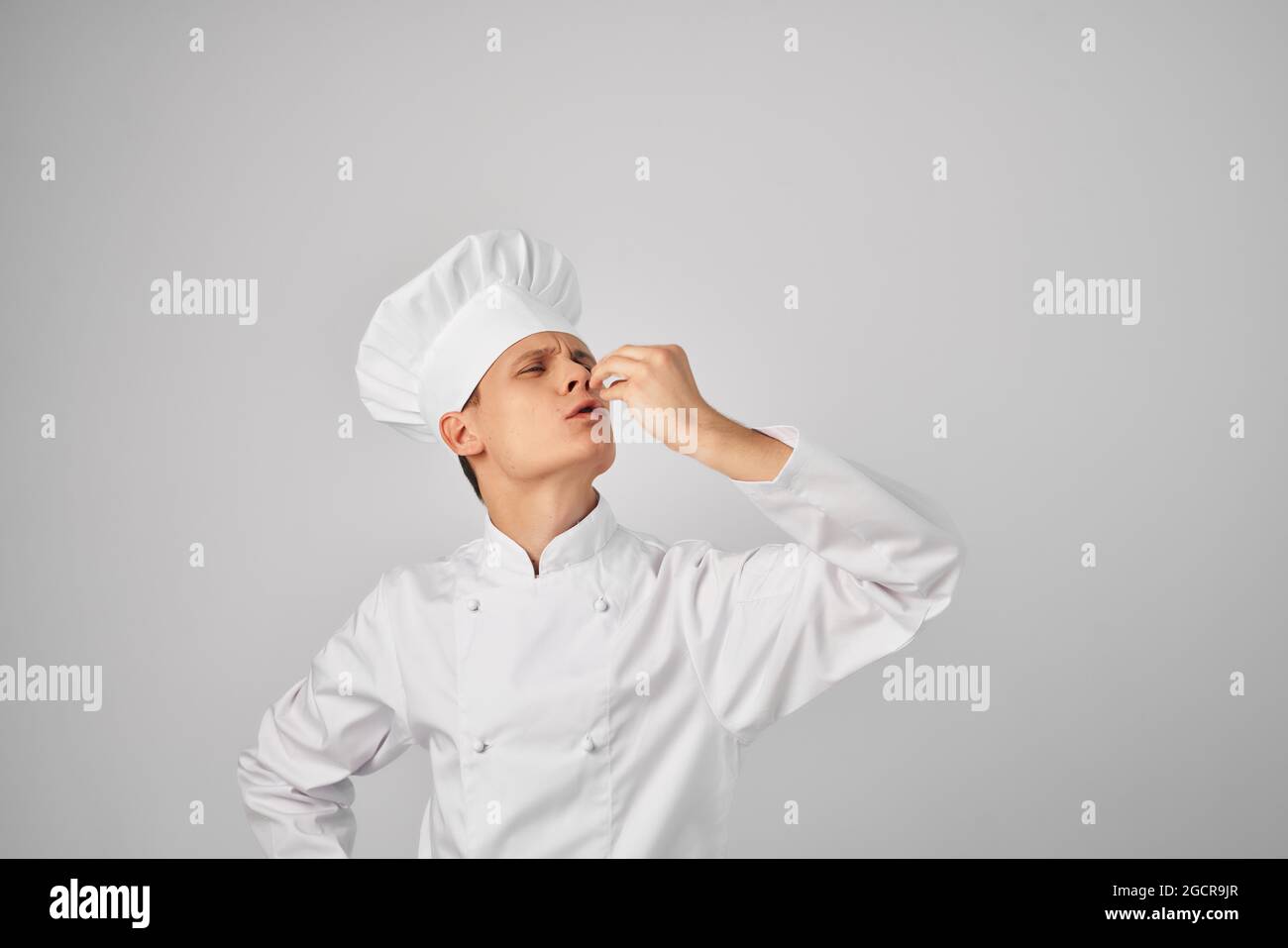 male chef gesturing with hand emotion professional gourmet restaurant ...