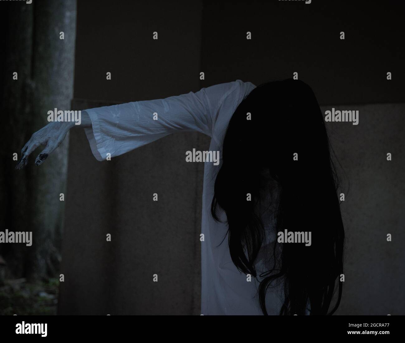 Horror woman ghost creepy standing at house, halloween day concept ...