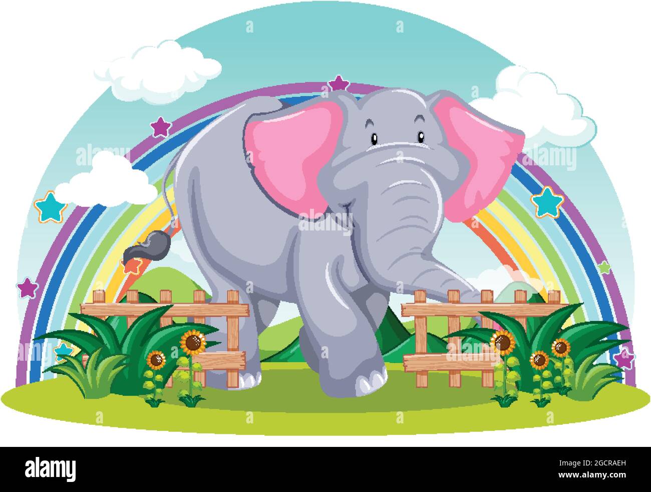 Elephant in the garden with rainbow on white background illustration ...