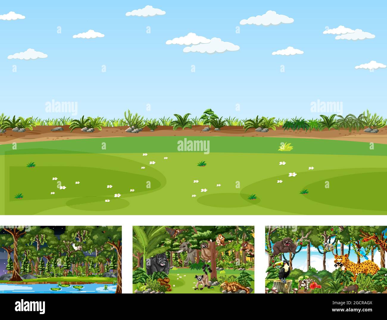 Set of different nature horizontal scene with various wild animals ...