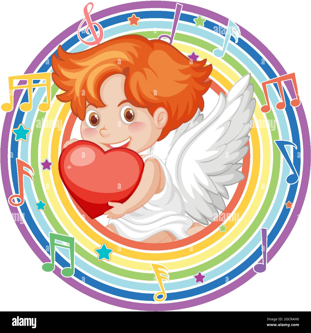 Cupid in rainbow round frame with melody symbol illustration Stock ...