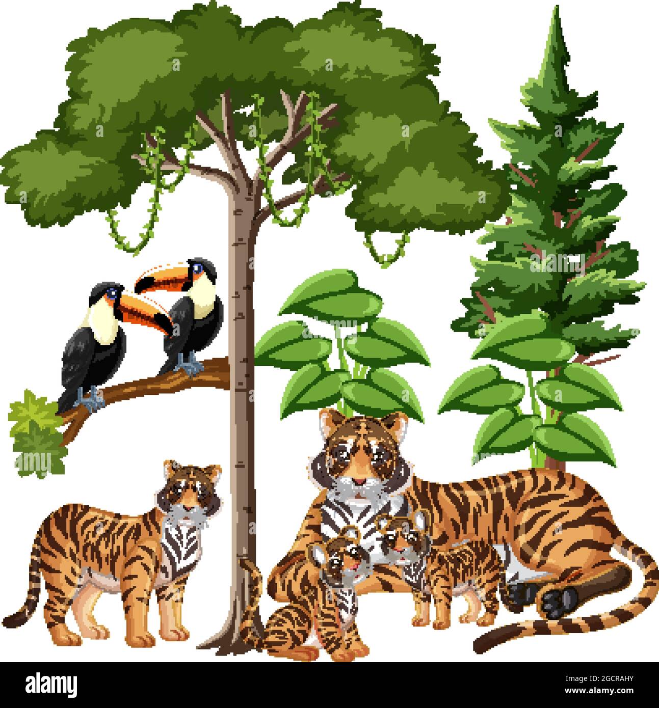 Group of tiger family with wild elements on white background illustration Stock Vector Image ...