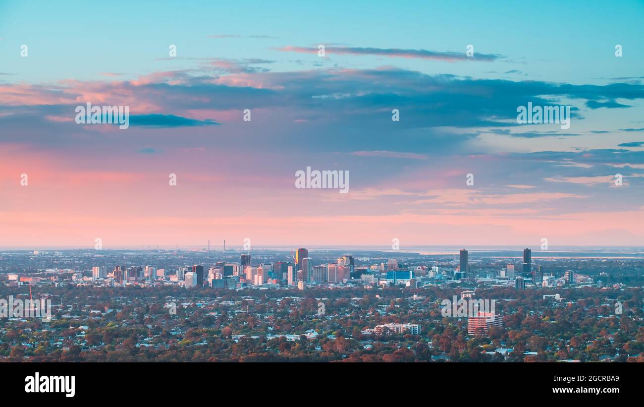 Adelaide city skyline view at dusk viewed from the Carrick Hill Stock ...