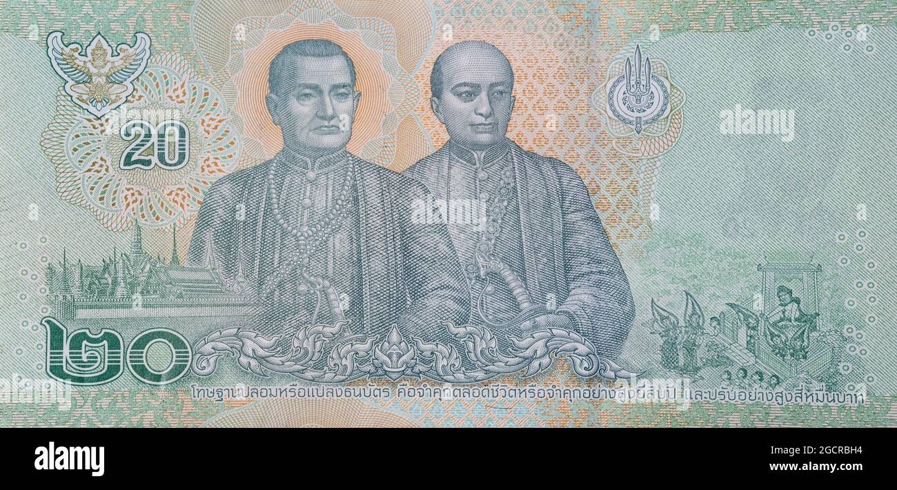 Macro photography of a 20 Thai baht banknote. Detailed close-up on the ...