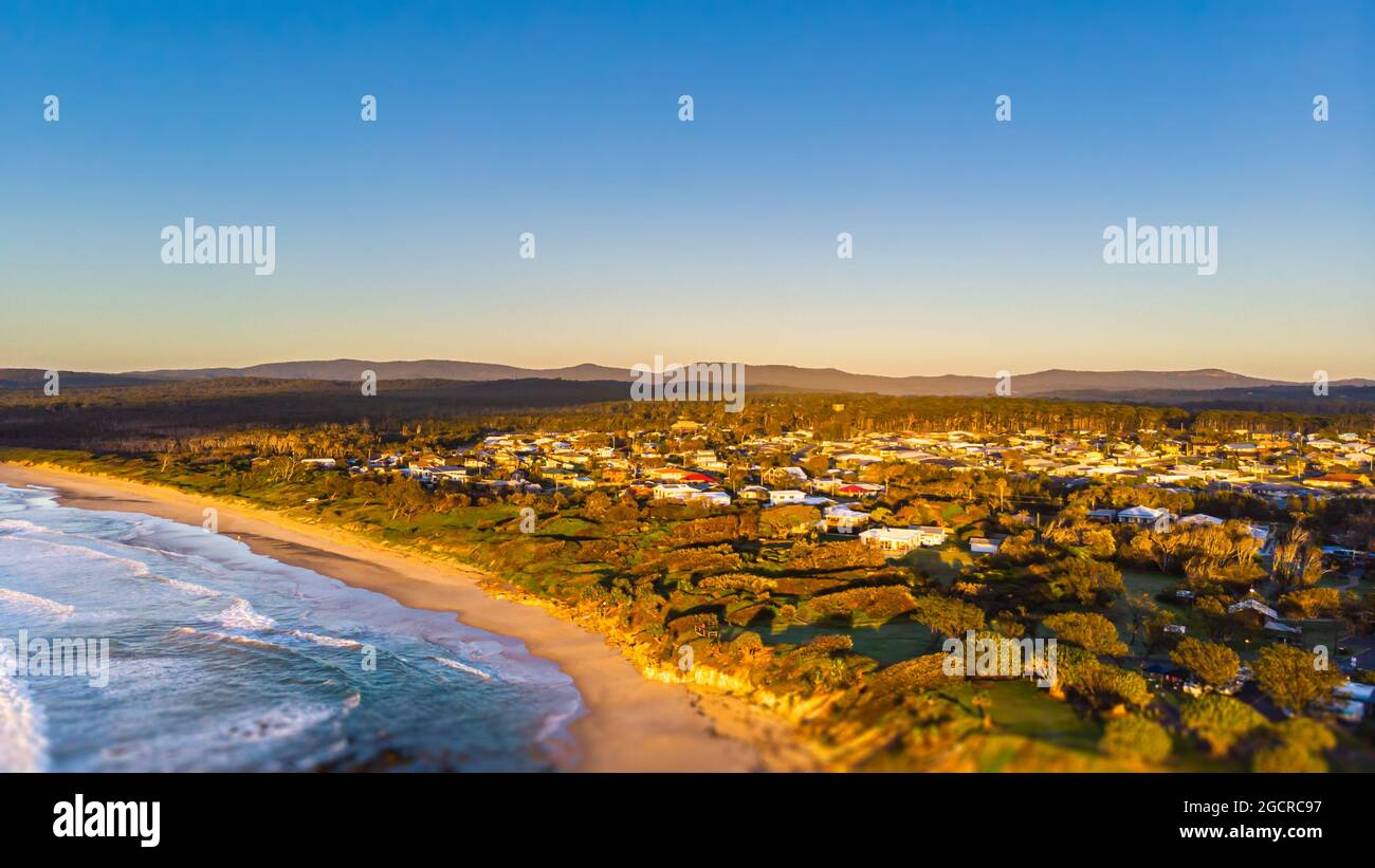 Aerial view of the Sun rise at the beach of village of Yeppoon ...