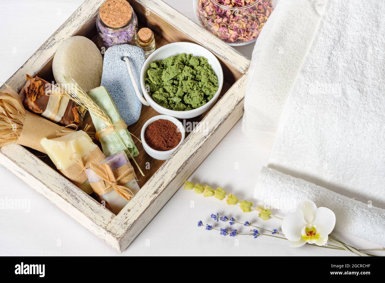 Handmade soap with Spa wellness products in wooden box Stock Photo - Alamy