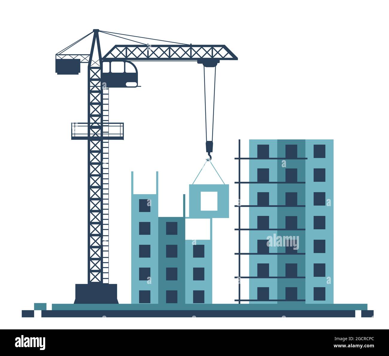 Construction of a new building. Silhouette. Cranes and Tractors. Modern ...