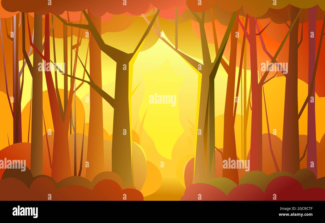 Forest pathway. trees illustration. Dense wild plants with tall ...
