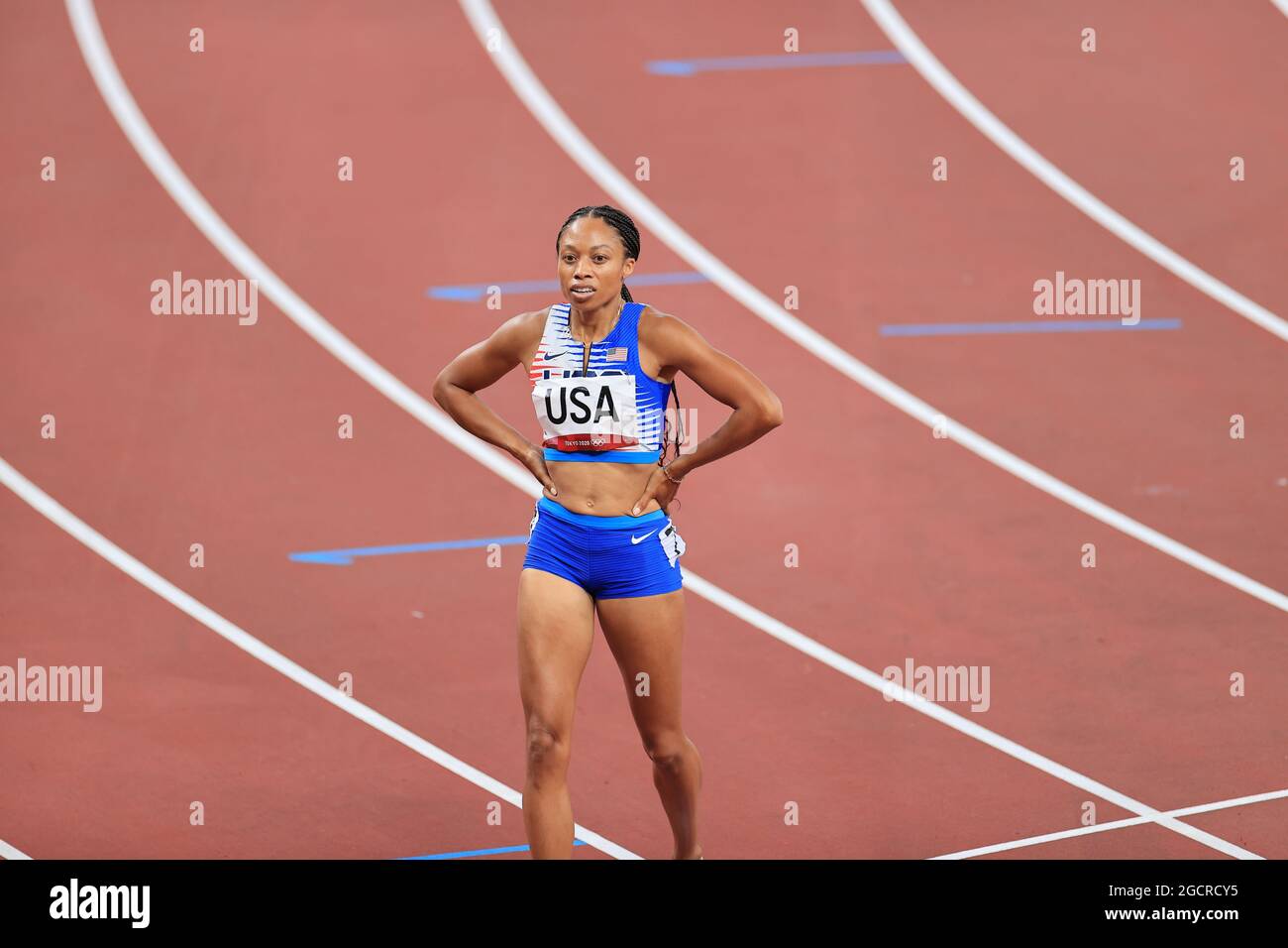 Allyson Felix (USA) recovers after her second leg run in the Final of ...