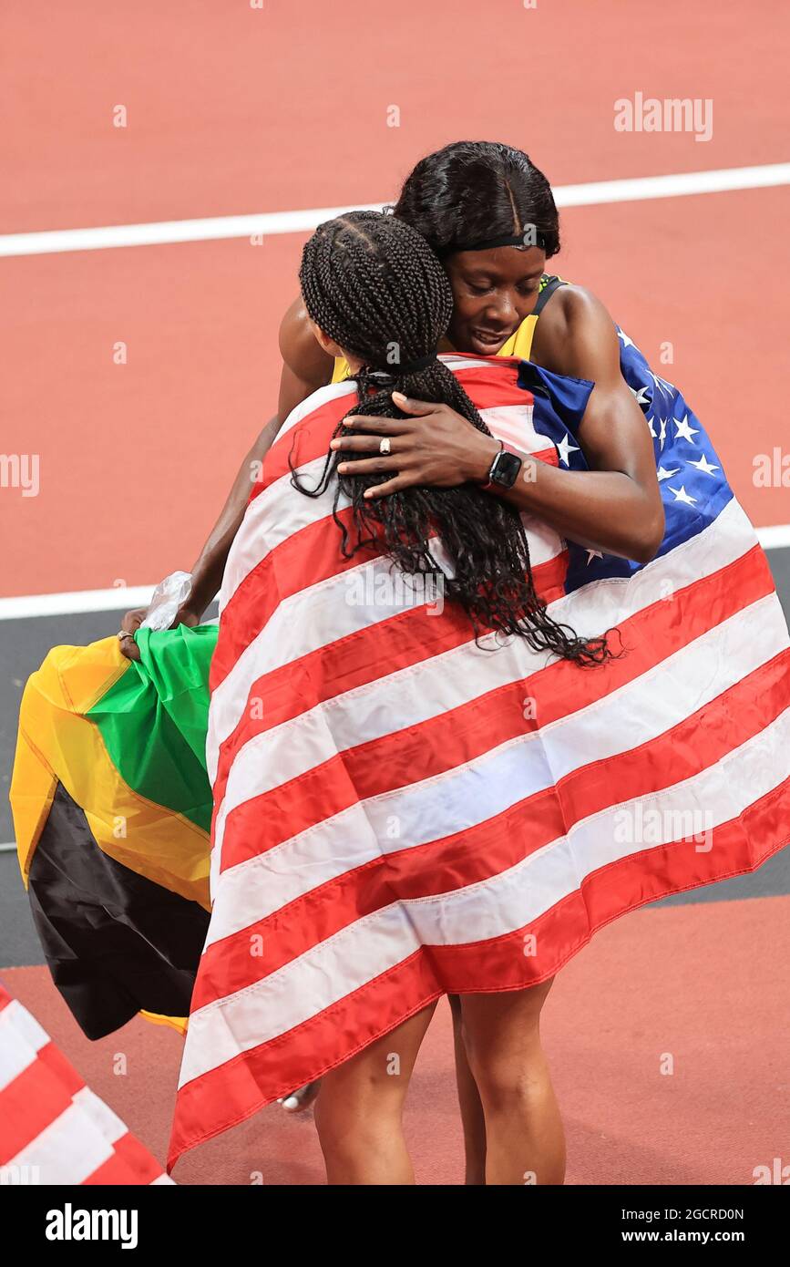 Roneisha McGregor (JAM) congratulates Allyson Felix (USA) after Team ...