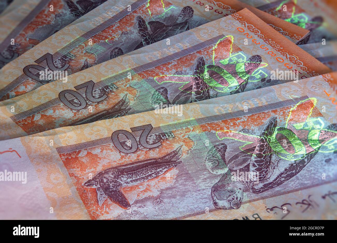 Macro photography of 20 Malaysian ringgit with fluor light. Extreme ...