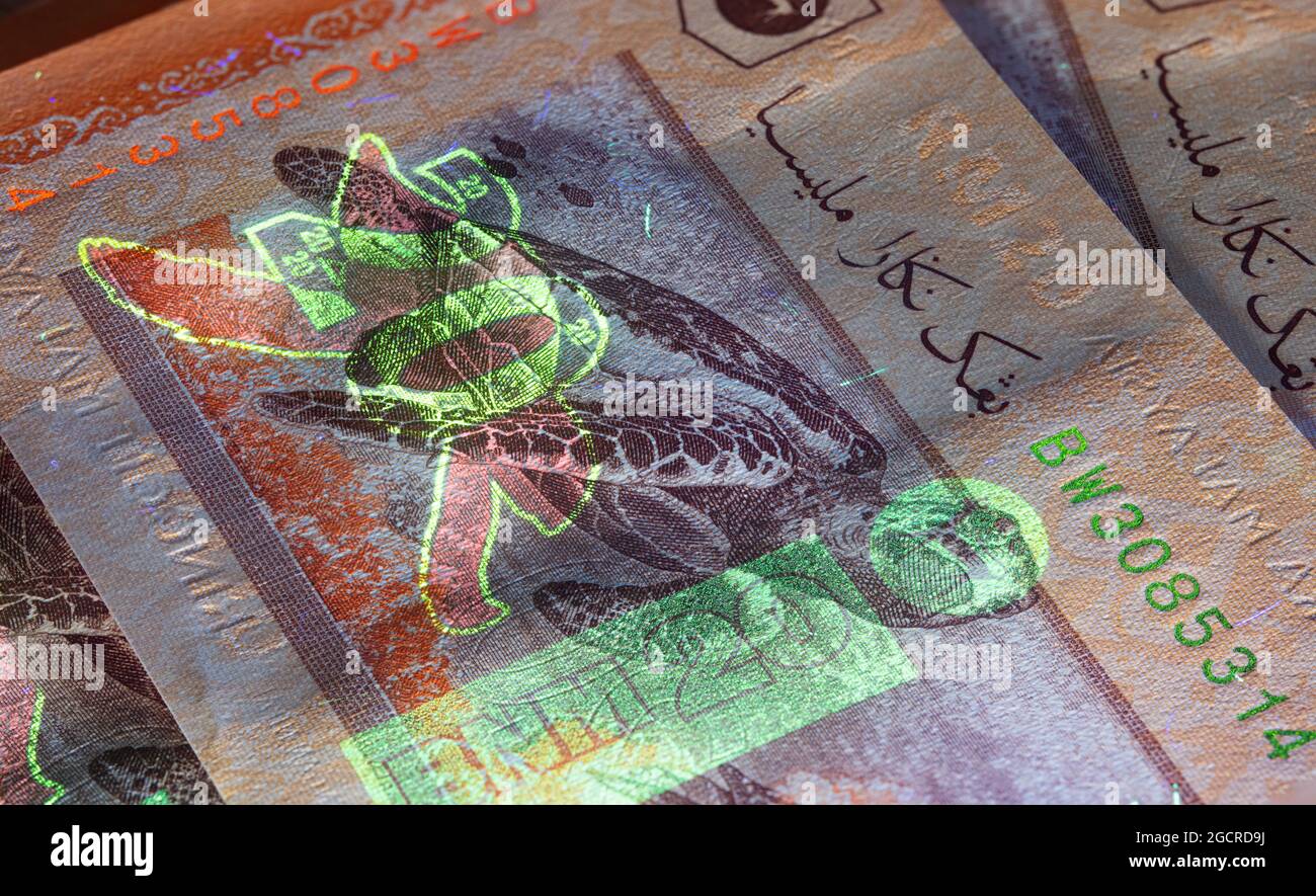 Macro photography of 20 Malaysian ringgit with fluor light. Extreme ...