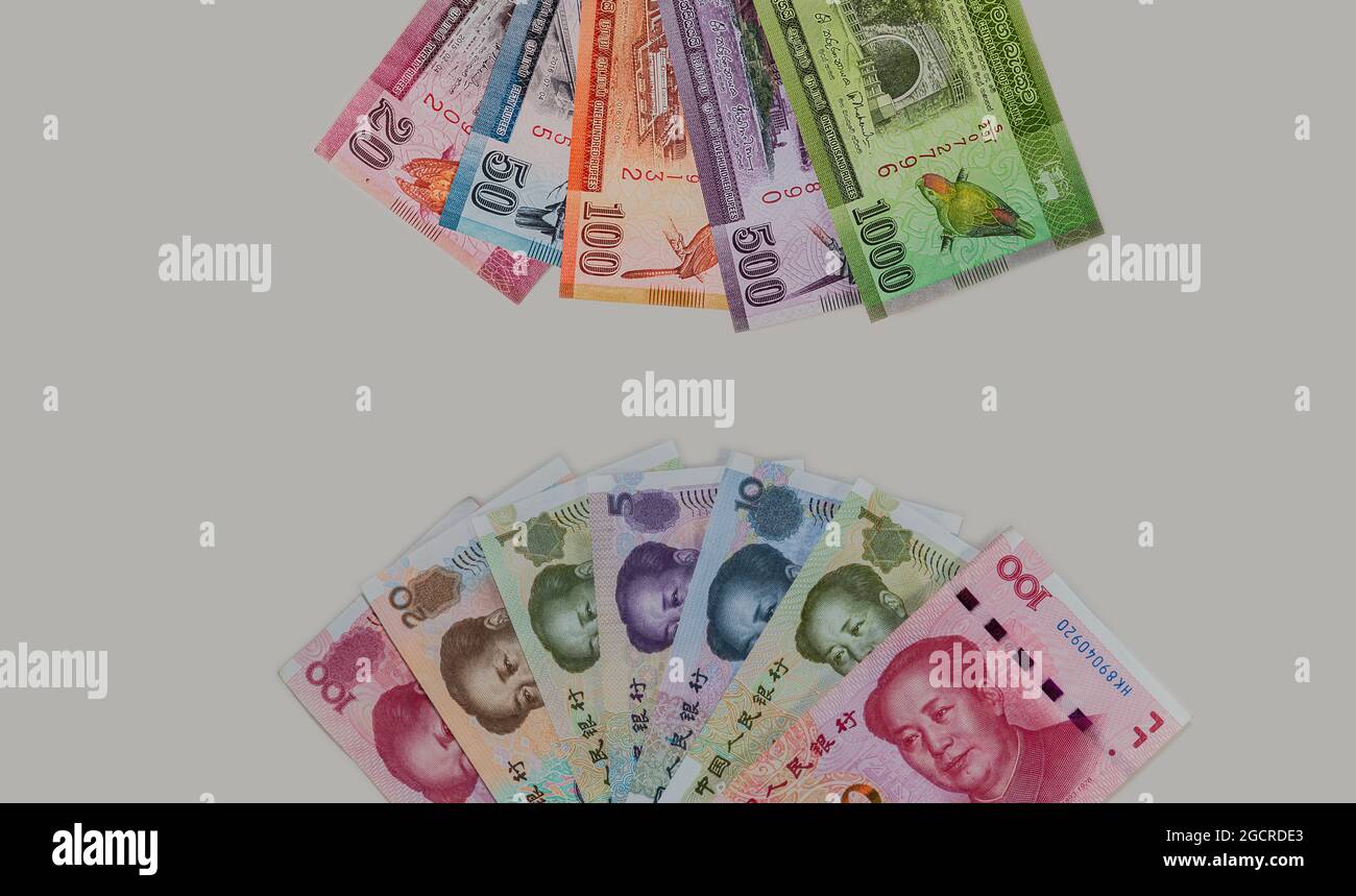 Detailed close up to the Chinese and Sri Lanka currency on white grey ...