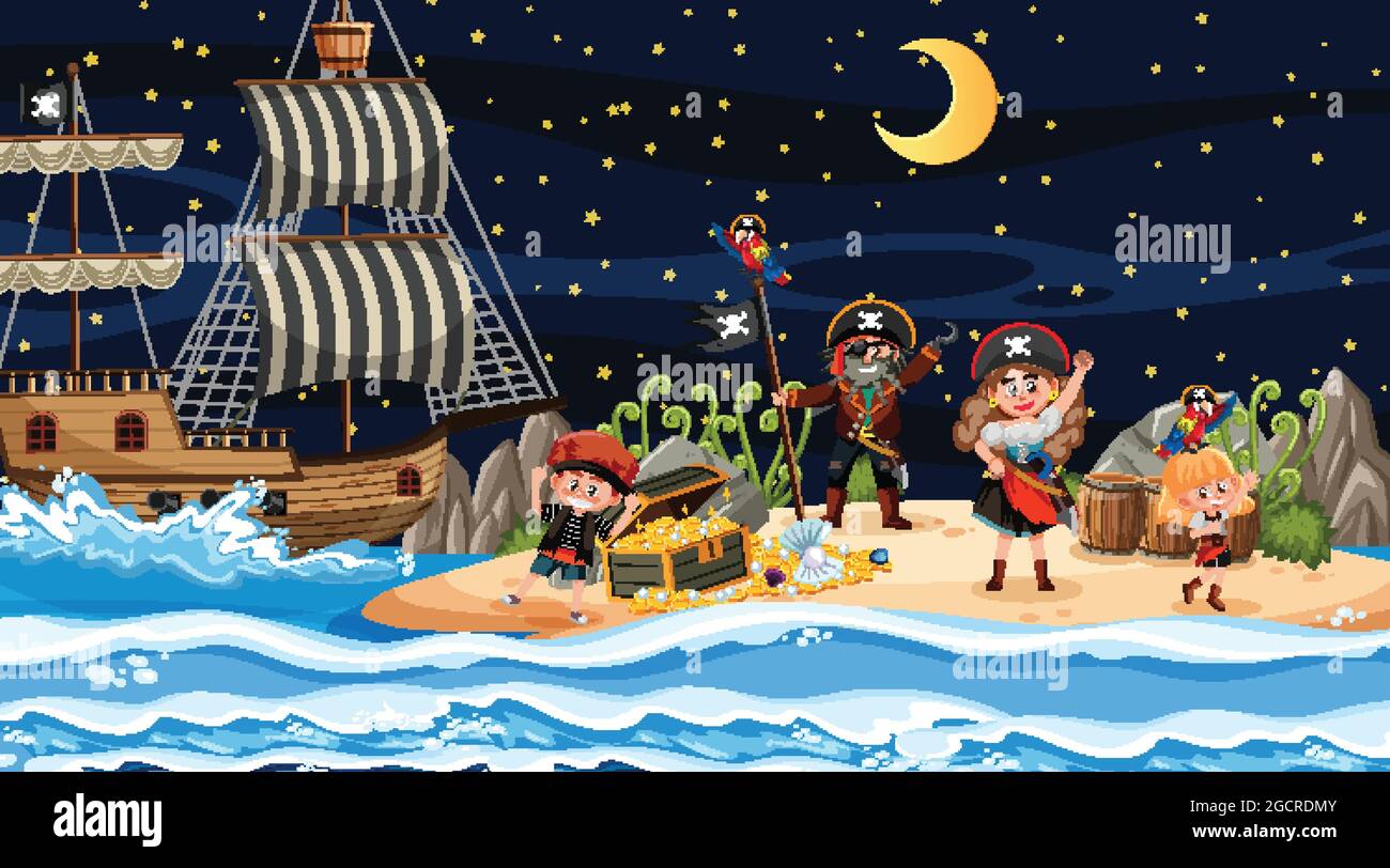 Treasure Island scene at night with Pirate kids illustration Stock ...