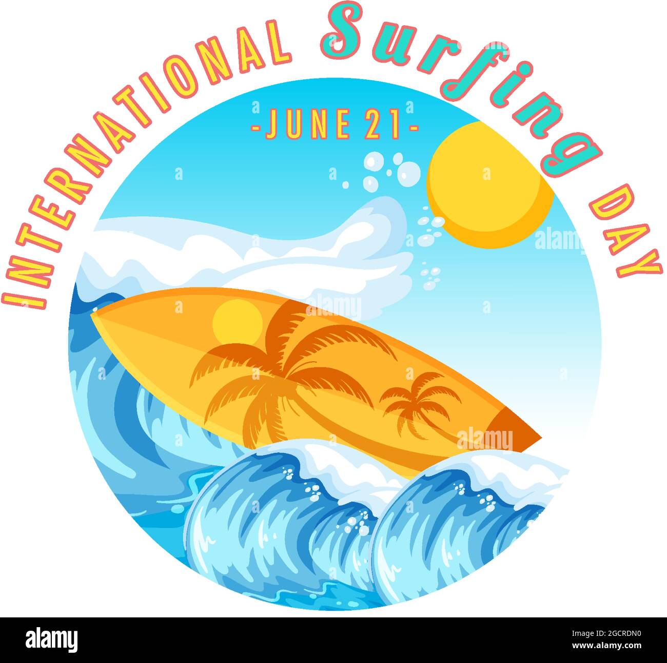 International Surfing Day banner with a surfboard in water wave ...