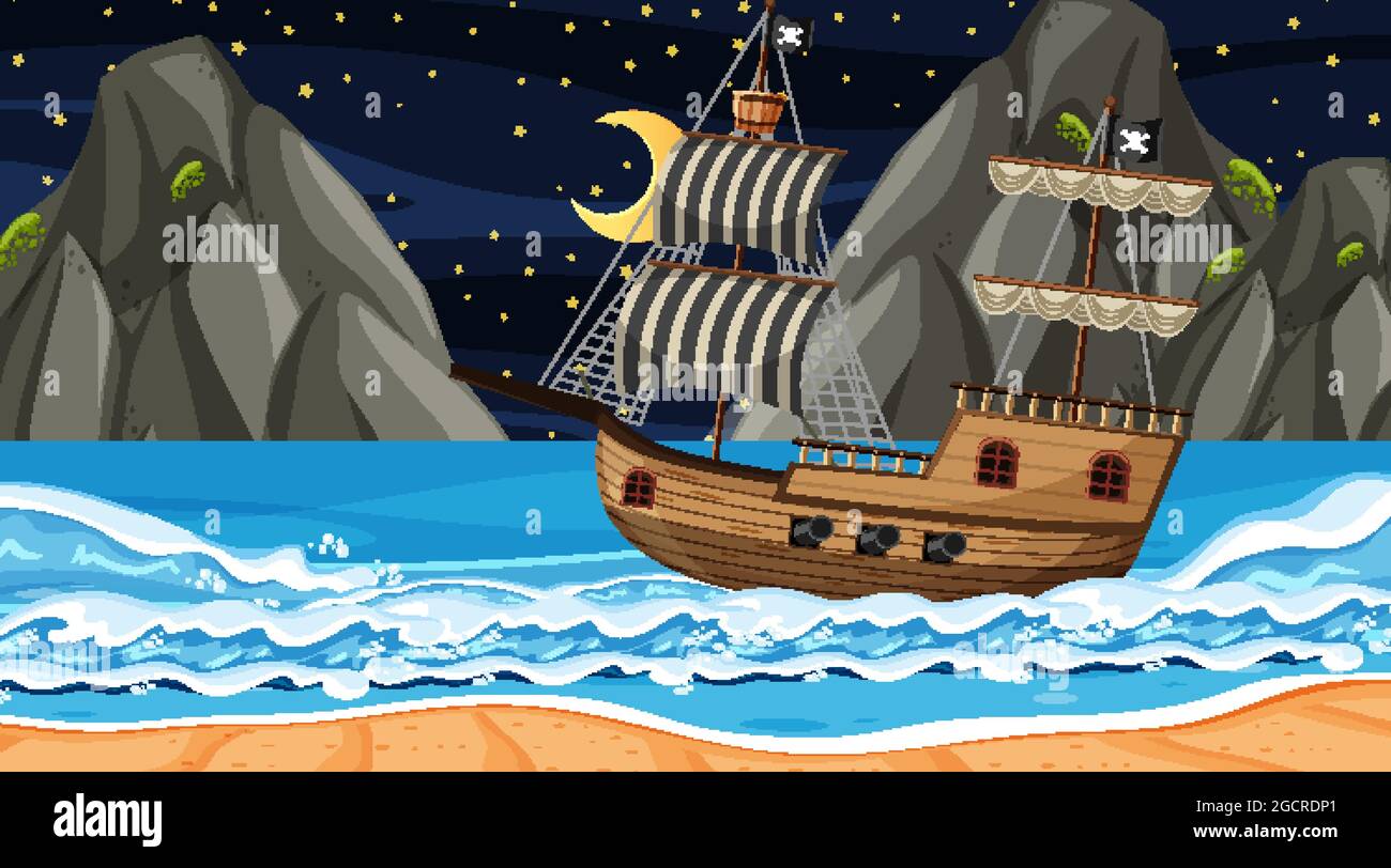 Ocean with Pirate ship at night scene in cartoon style illustration ...