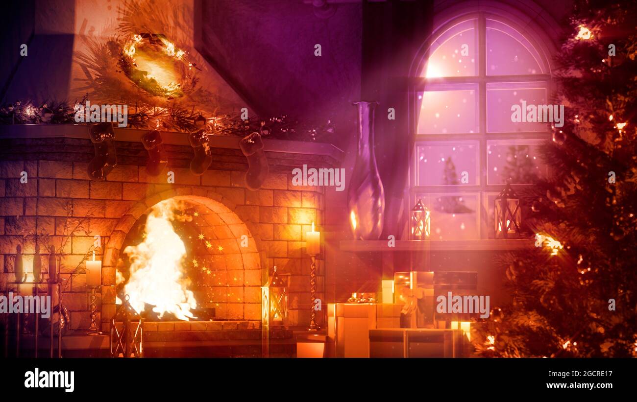 christmas tree and chimney with fire lighting - digital object 3D ...