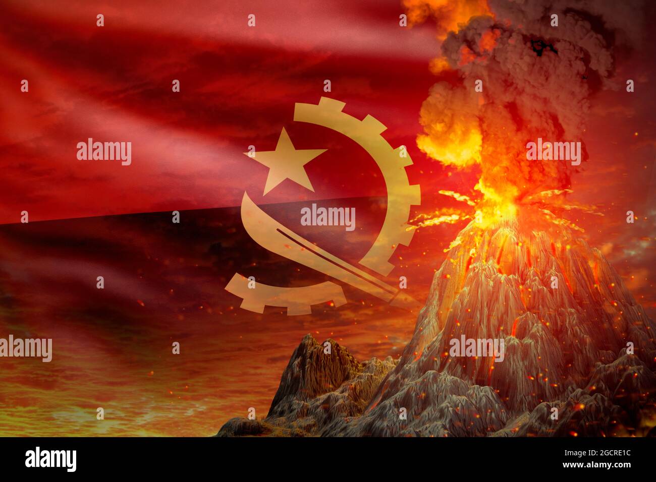 volcano eruption at night with explosion on Angola flag background ...