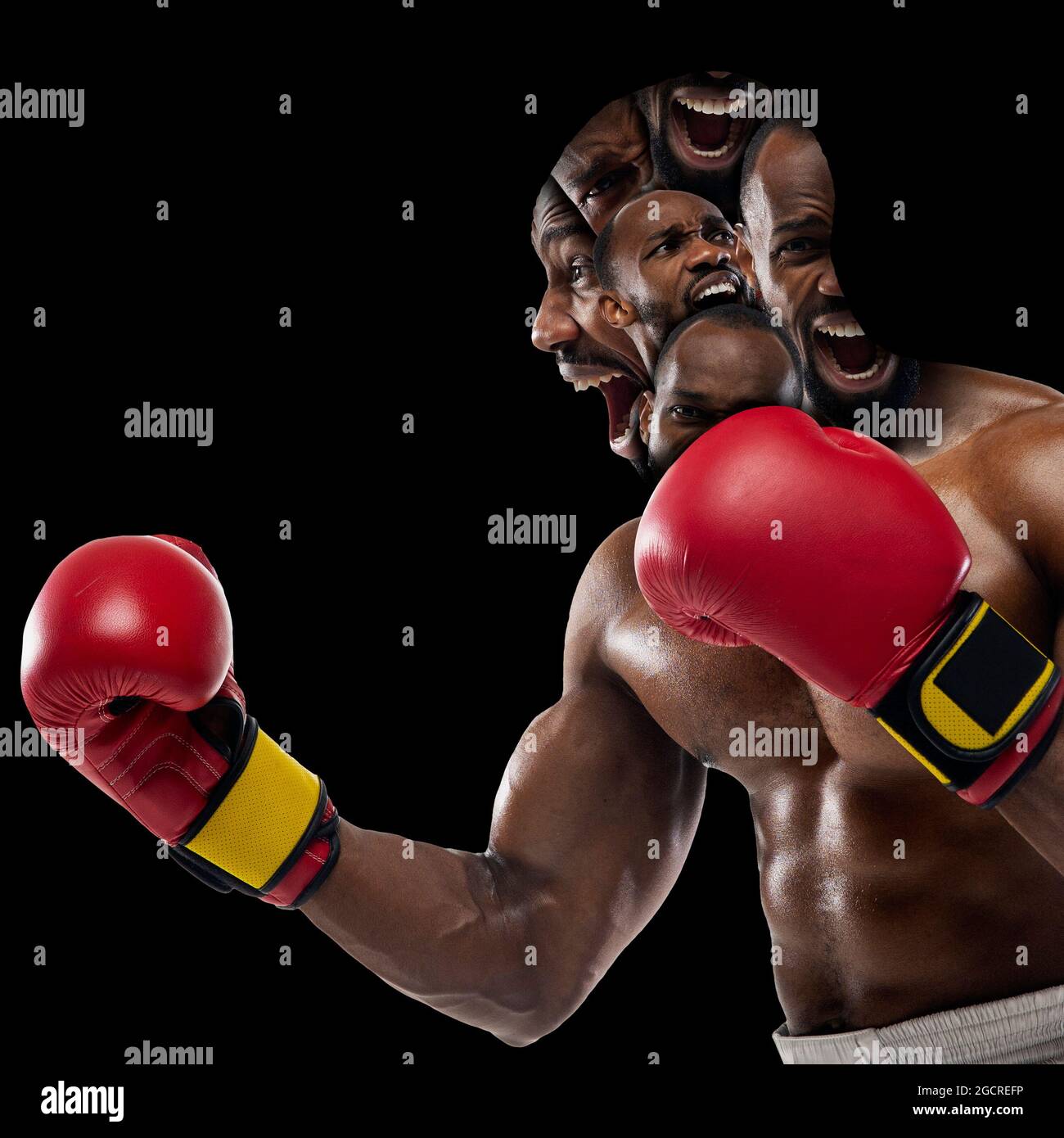 Conceptual image with crazy portraits of african male boxer with mental ...