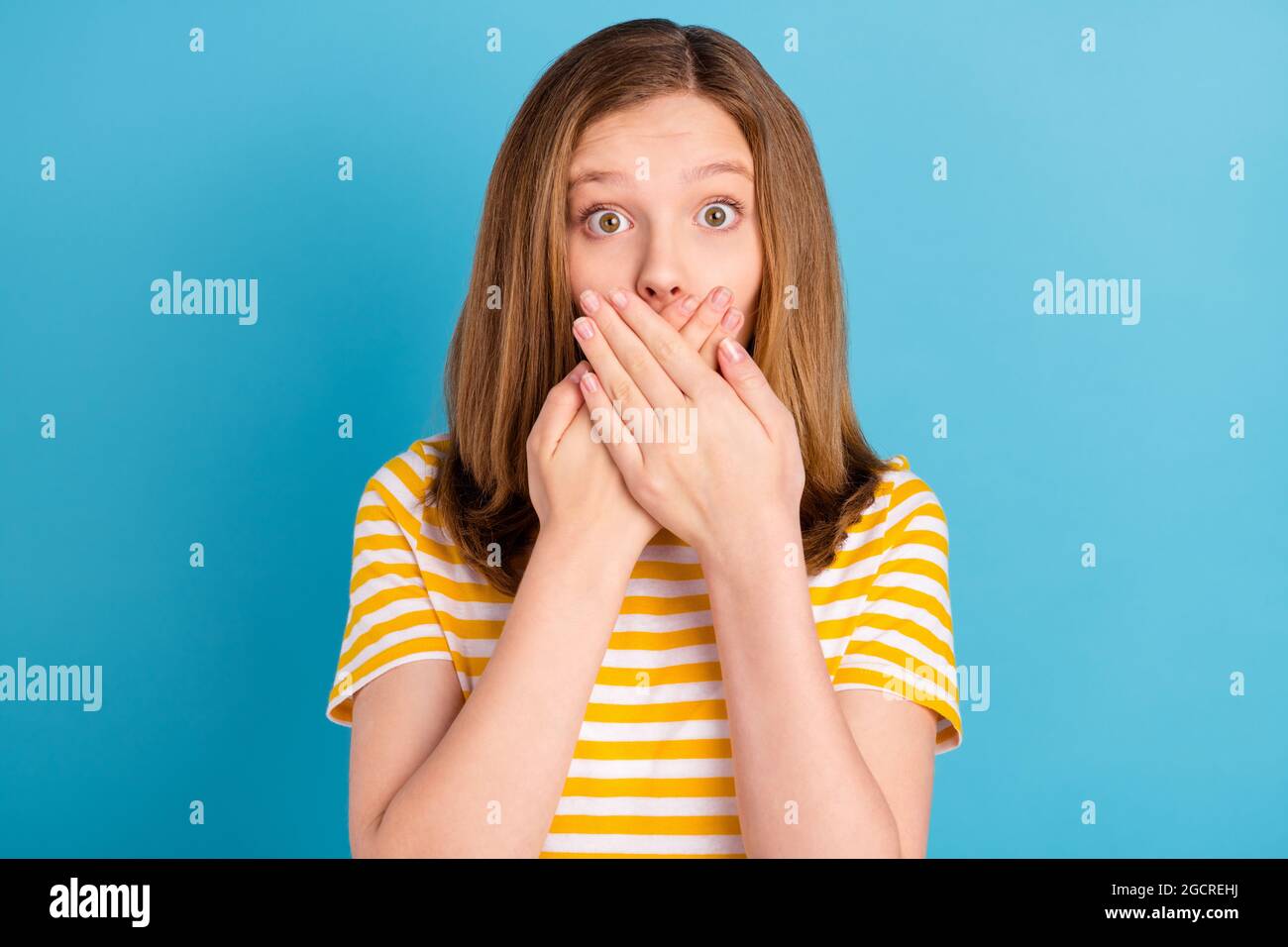 Portrait of impressed confused person hands cover mouth staring camera ...