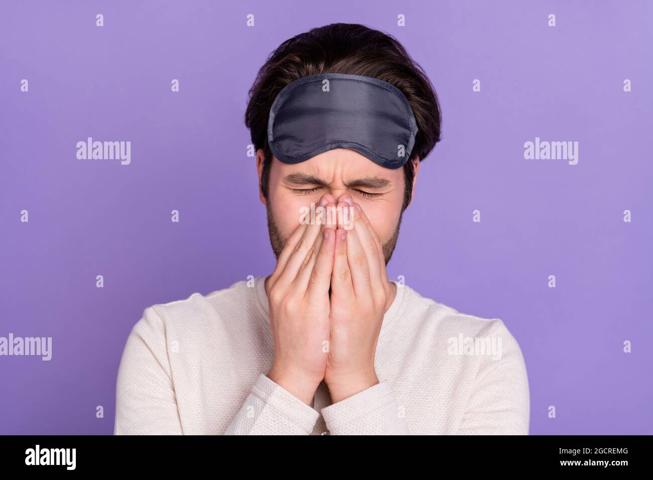 Photo of unsatisfied young person arms cover nose closed eyes bad mood ...