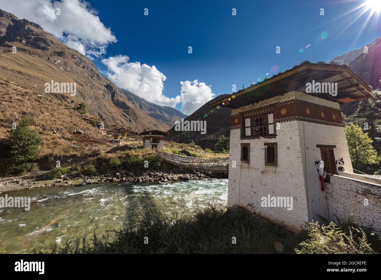 The Mountain landscape of Bhutan, the Paro Chu River beside the Paro ...
