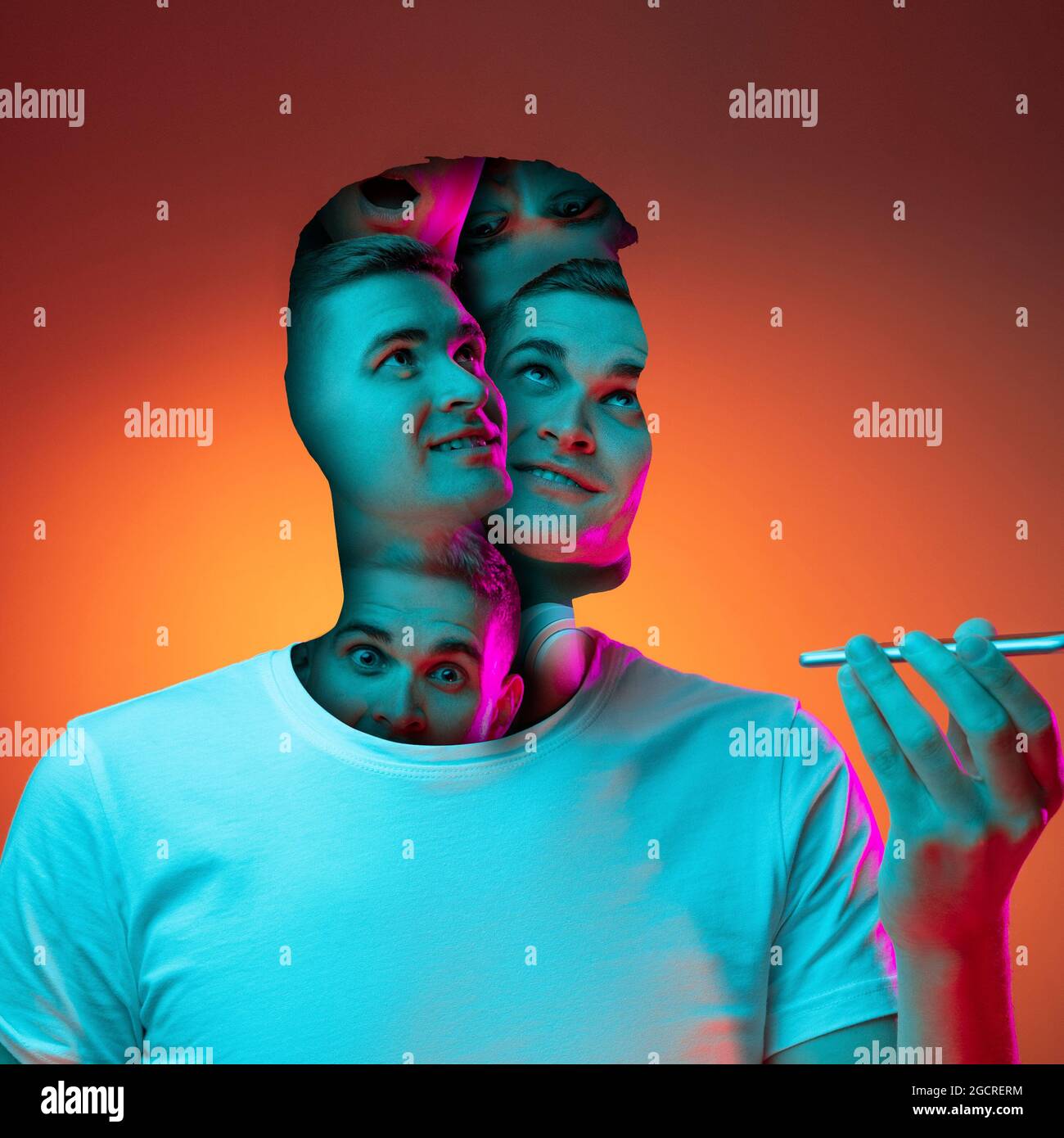 Conceptual image with crazy portraits of young man with mental ...
