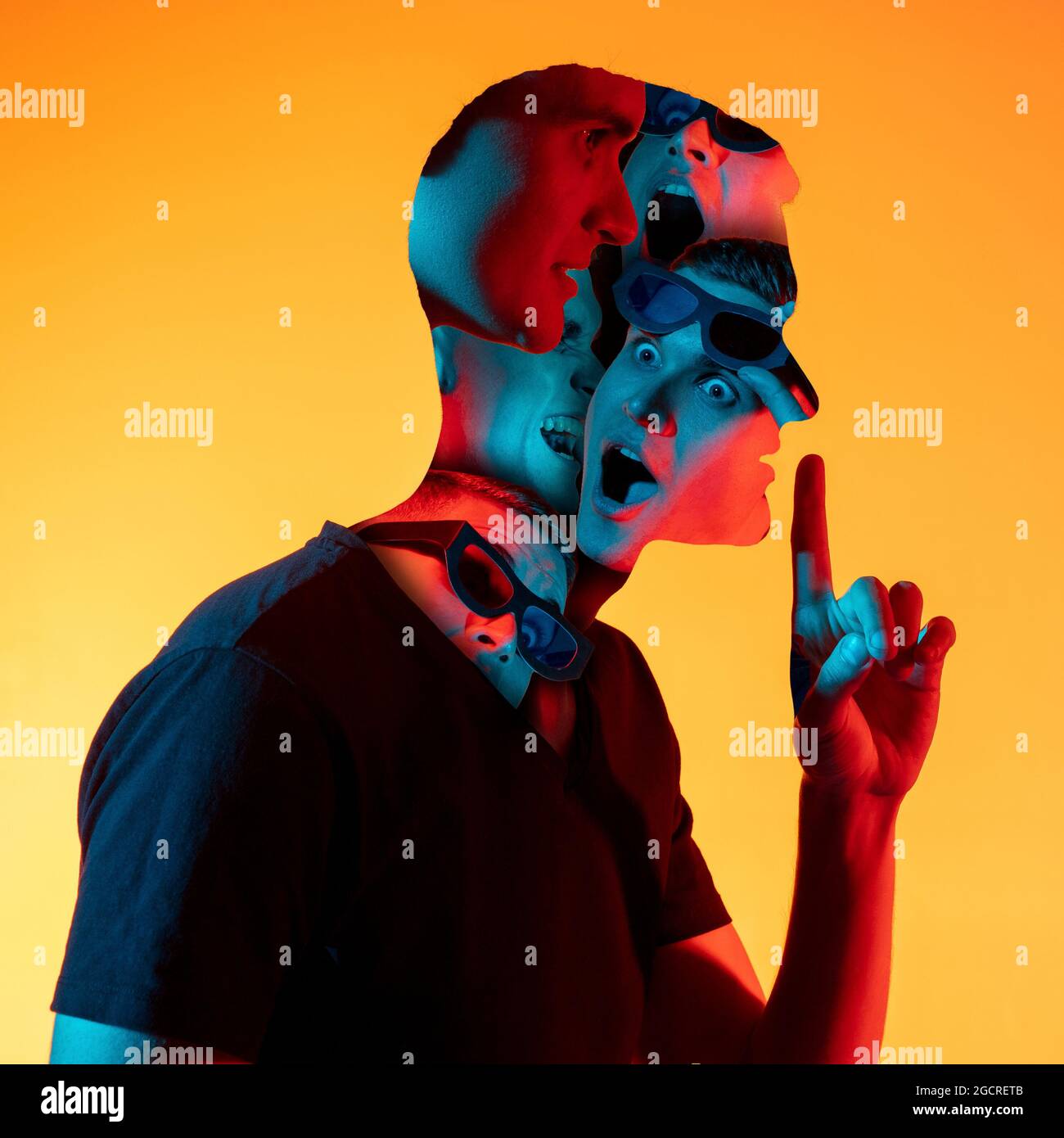 Conceptual image with crazy portraits of young man with mental ...