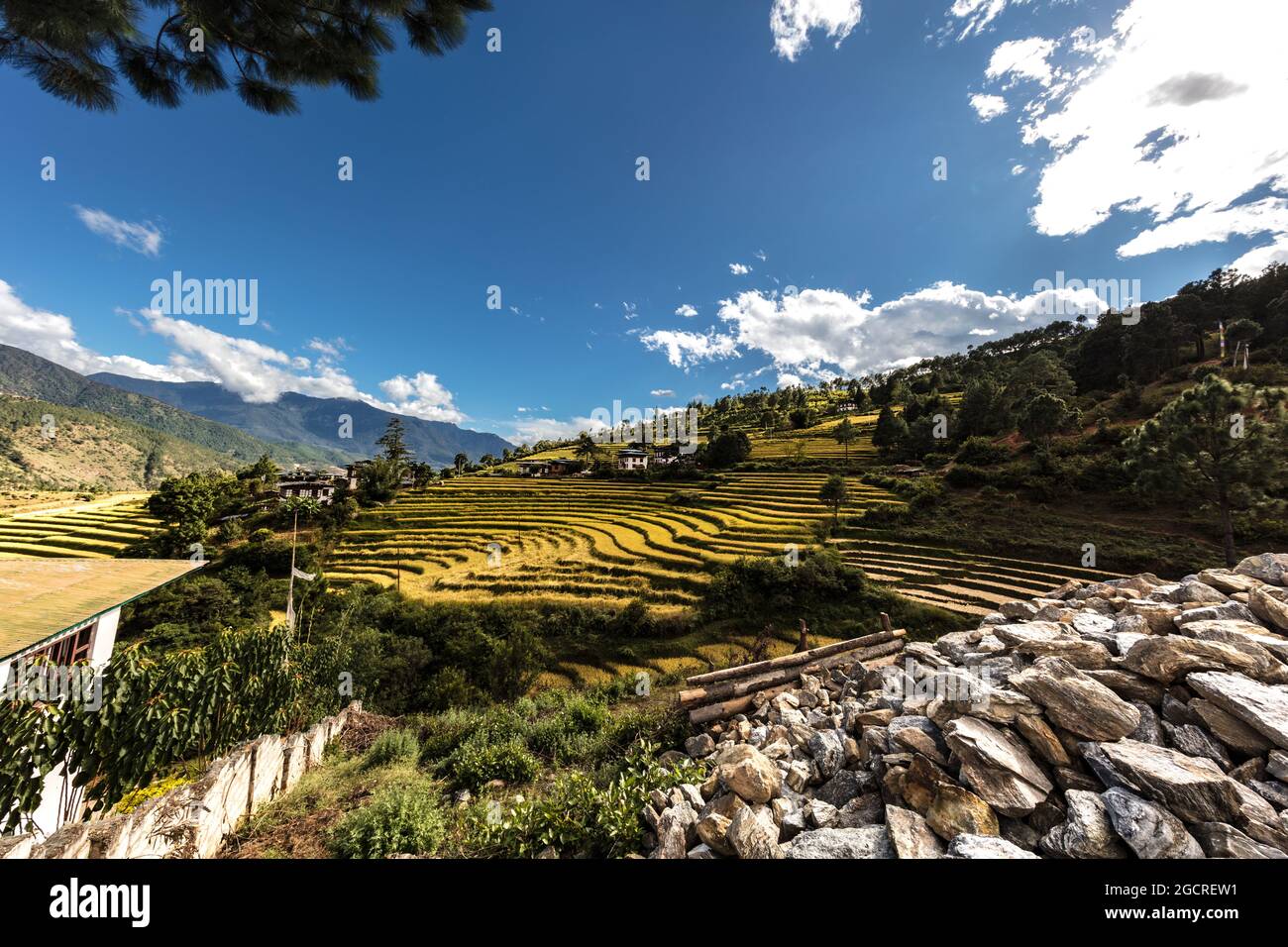 Scenic wide angle panorama view over the landscape of Bhutan, Himalaya ...