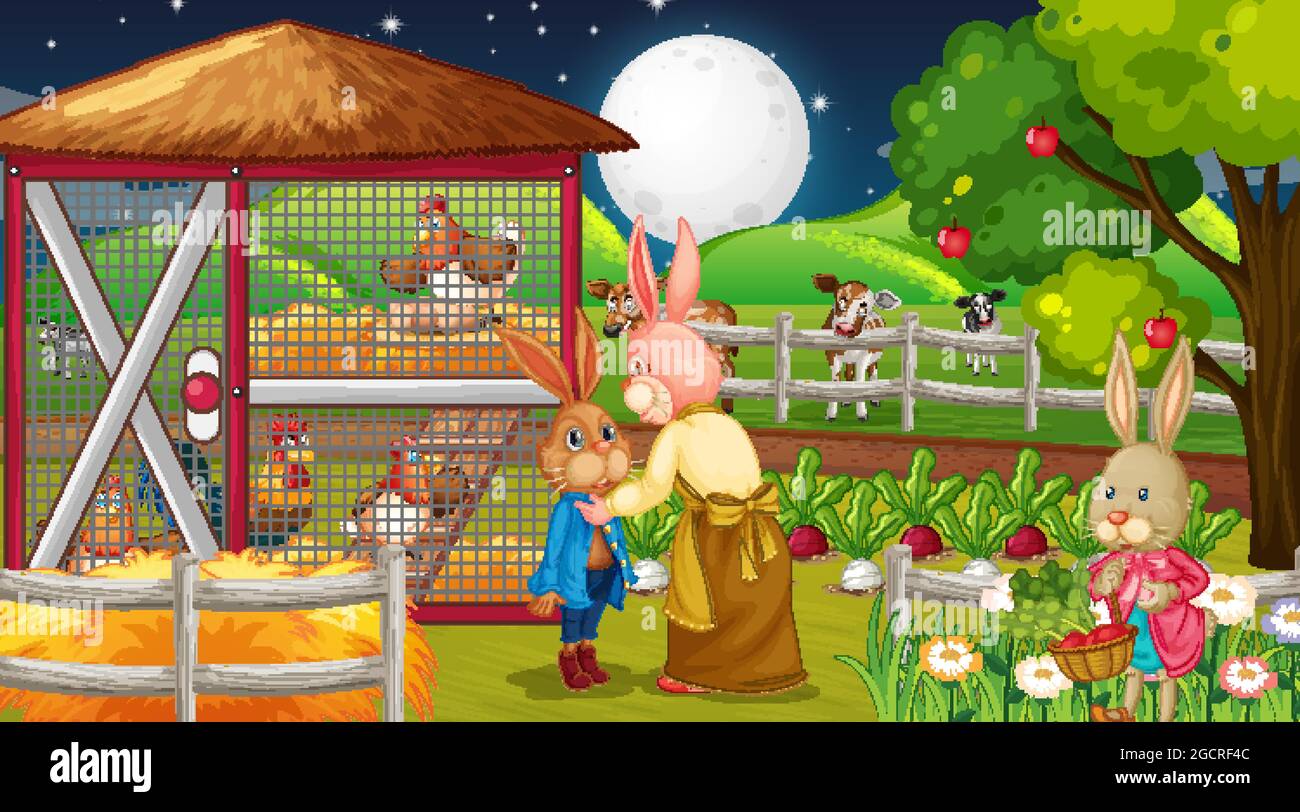Farm at night scene with rabbit family and farm animals illustration ...