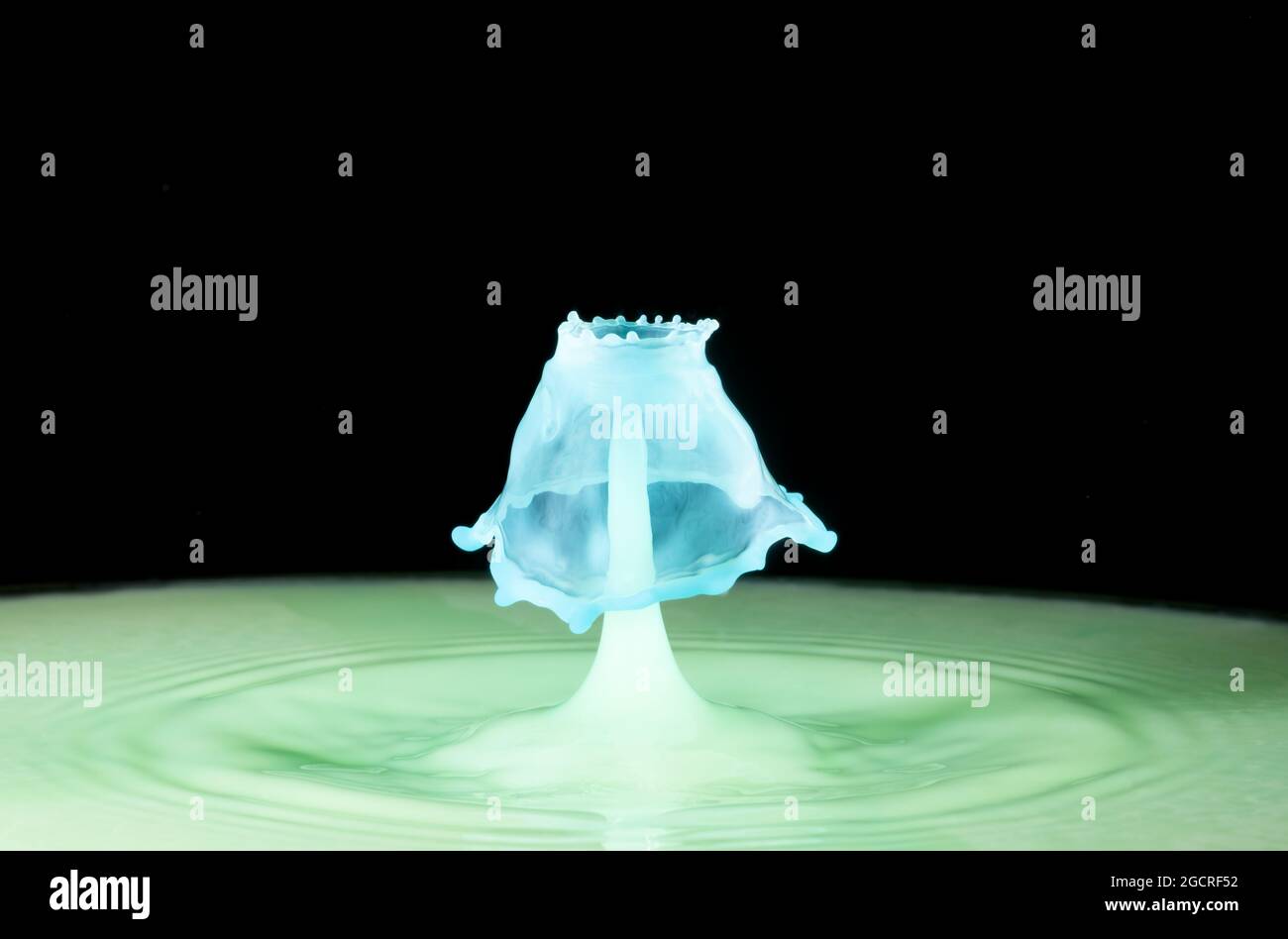 Close-up photograph of two water droplets colliding making an unusual ...