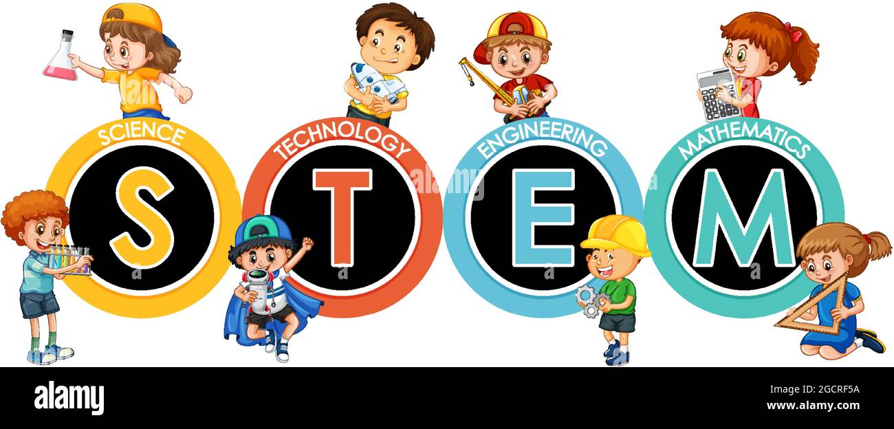 STEM education logo with many children cartoon character illustration ...