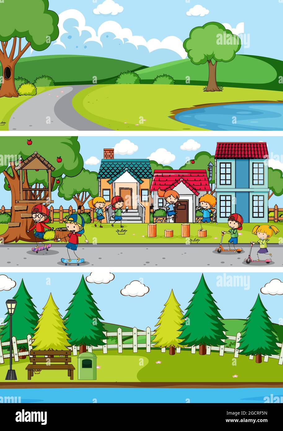 Set of different horizon scenes background with doodle kids cartoon ...