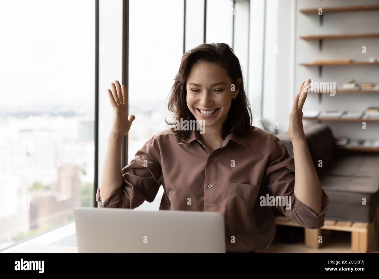 Excited happy business woman celebrating win, success, achieve Stock ...