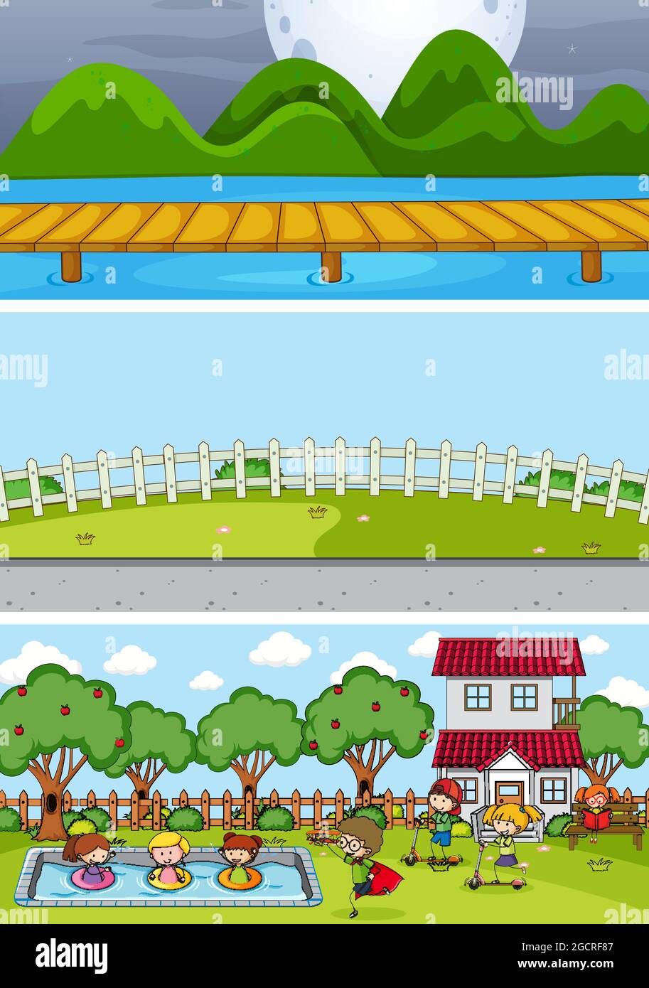 Set of different horizon scenes background with doodle kids cartoon ...