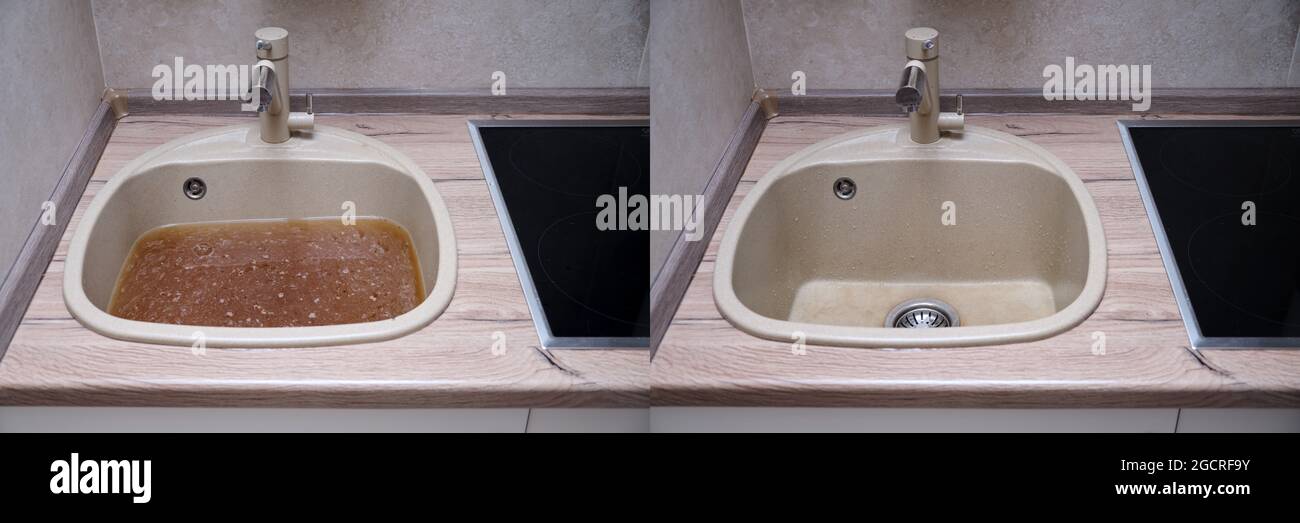 Clearing a blockage from a sink in the kitchen. Before and after fixing ...