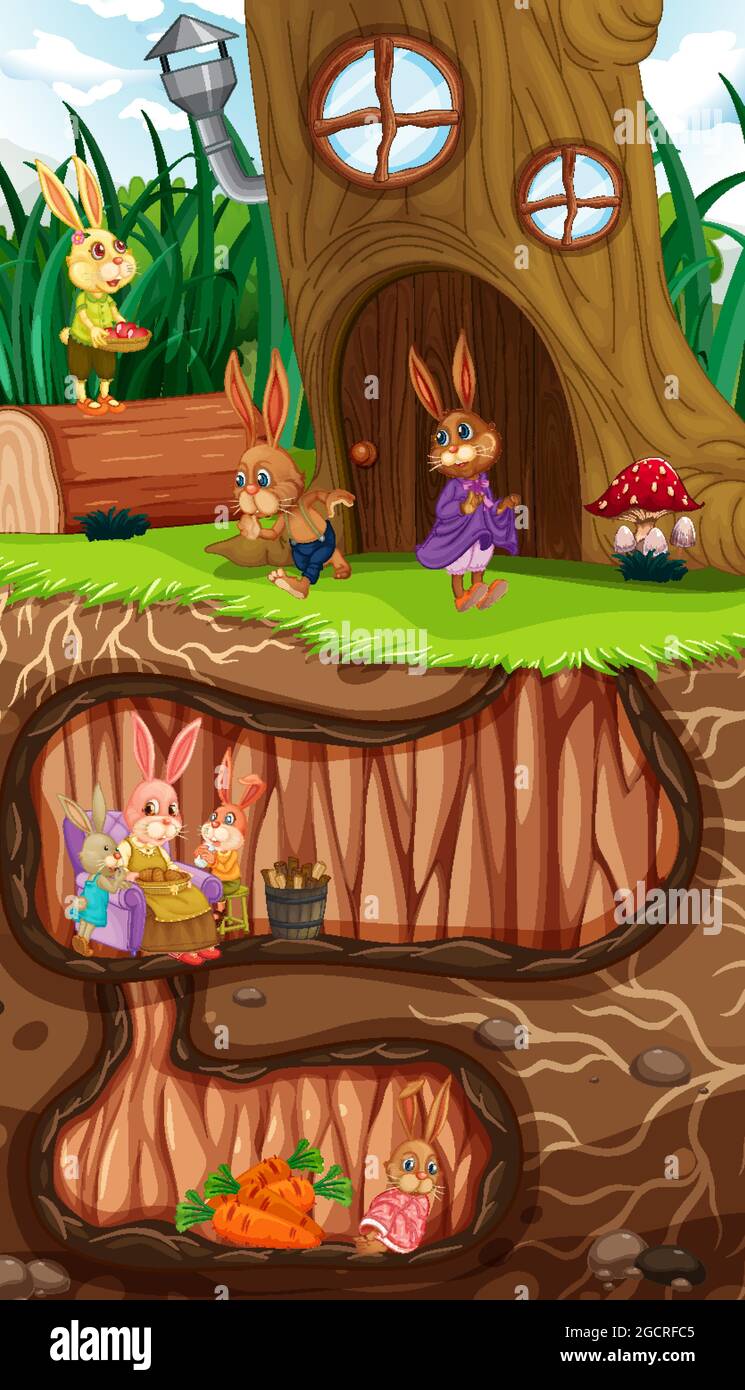 Underground rabbit hole with ground surface of the garden scene ...