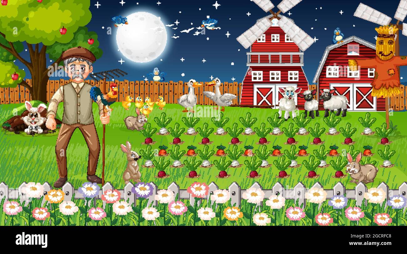 Farm scene at night with old farmer man and cute animals illustration ...