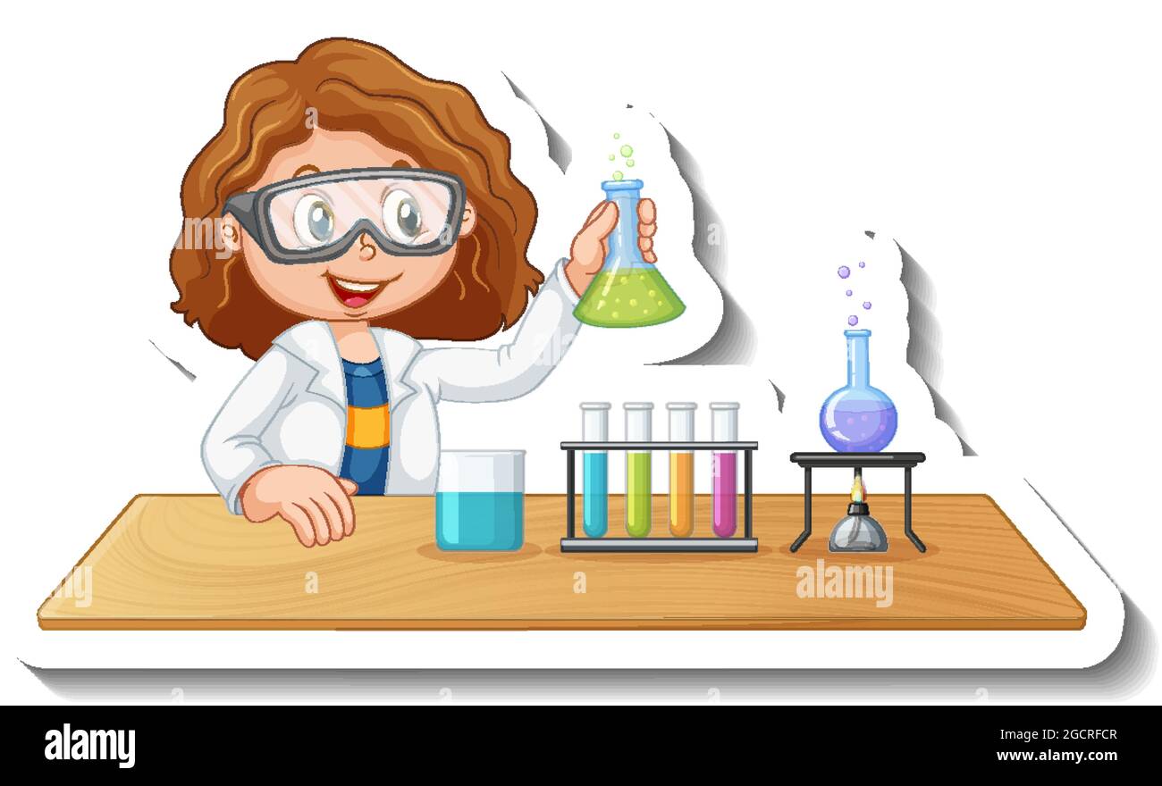 Sticker template with cartoon character of a student doing chemical ...